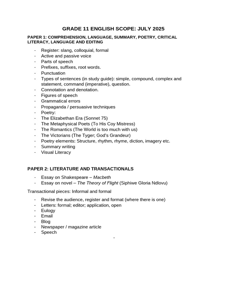 Grade 11 Exam Scope | PDF