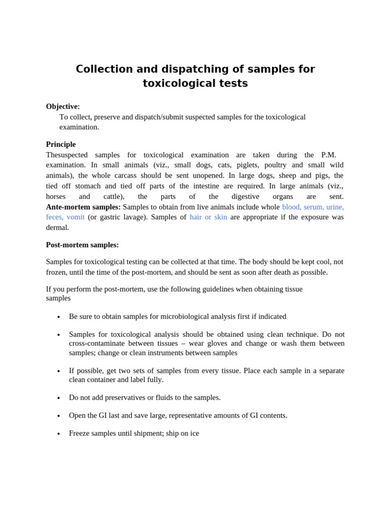 Toxicological Sample Collection Guide | PDF | Autopsy | Blood