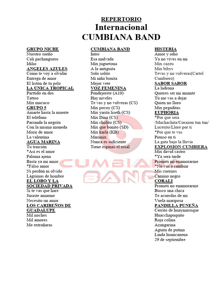 Repertorio de Cumbias y Grupos Musicales | PDF