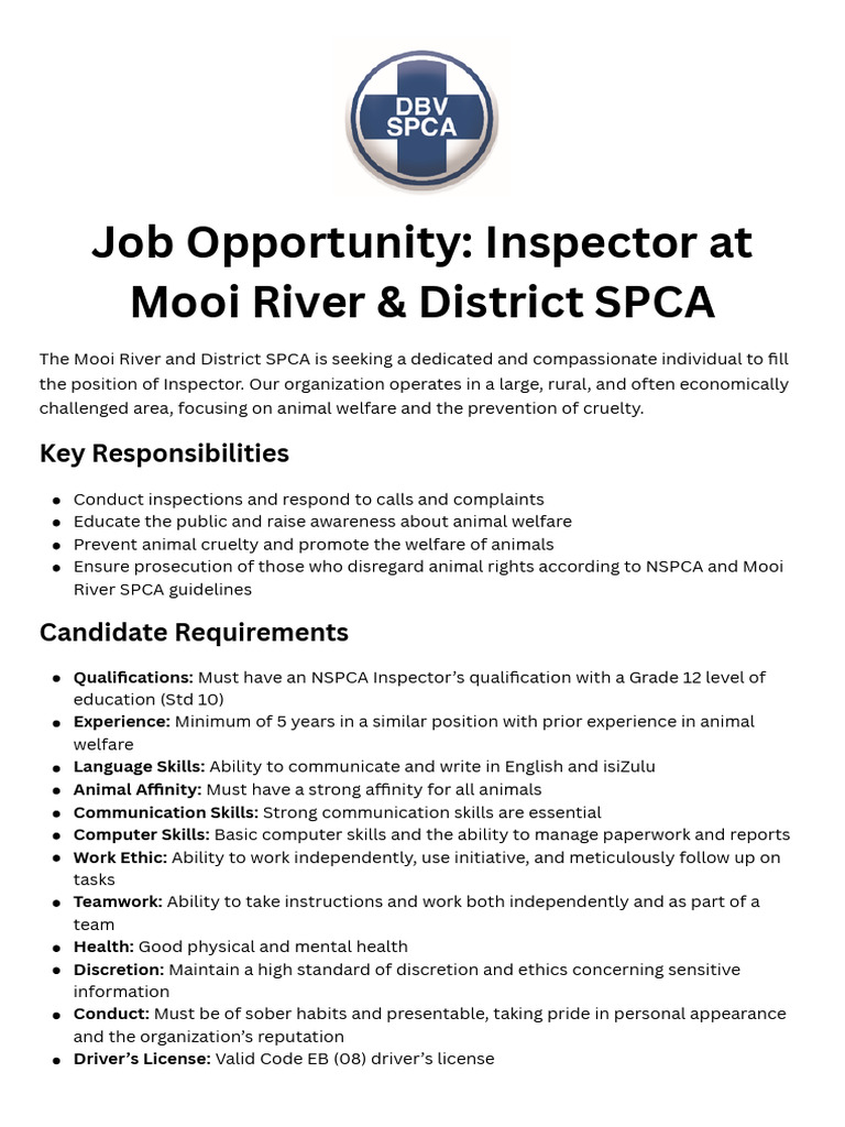 Job Opportunity Inspector at Mooi River District SPCA | PDF
