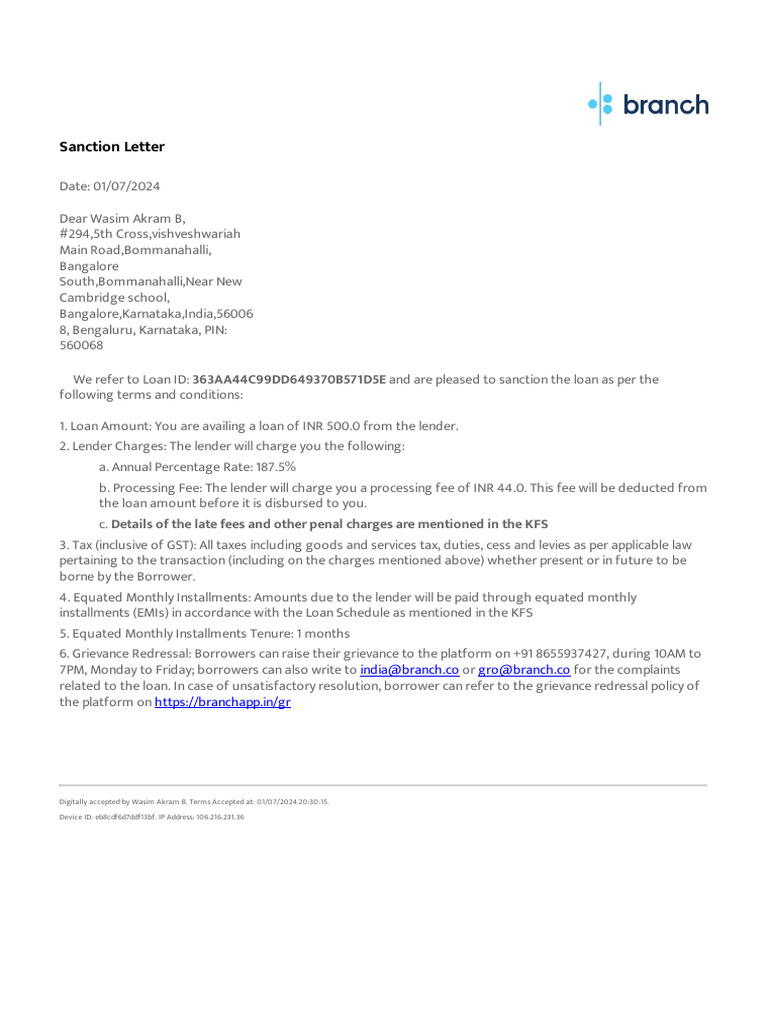Sanction Letter | PDF