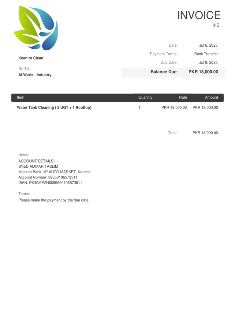 Invoice - Al Waris Industry - Water Tank Cleaning | PDF