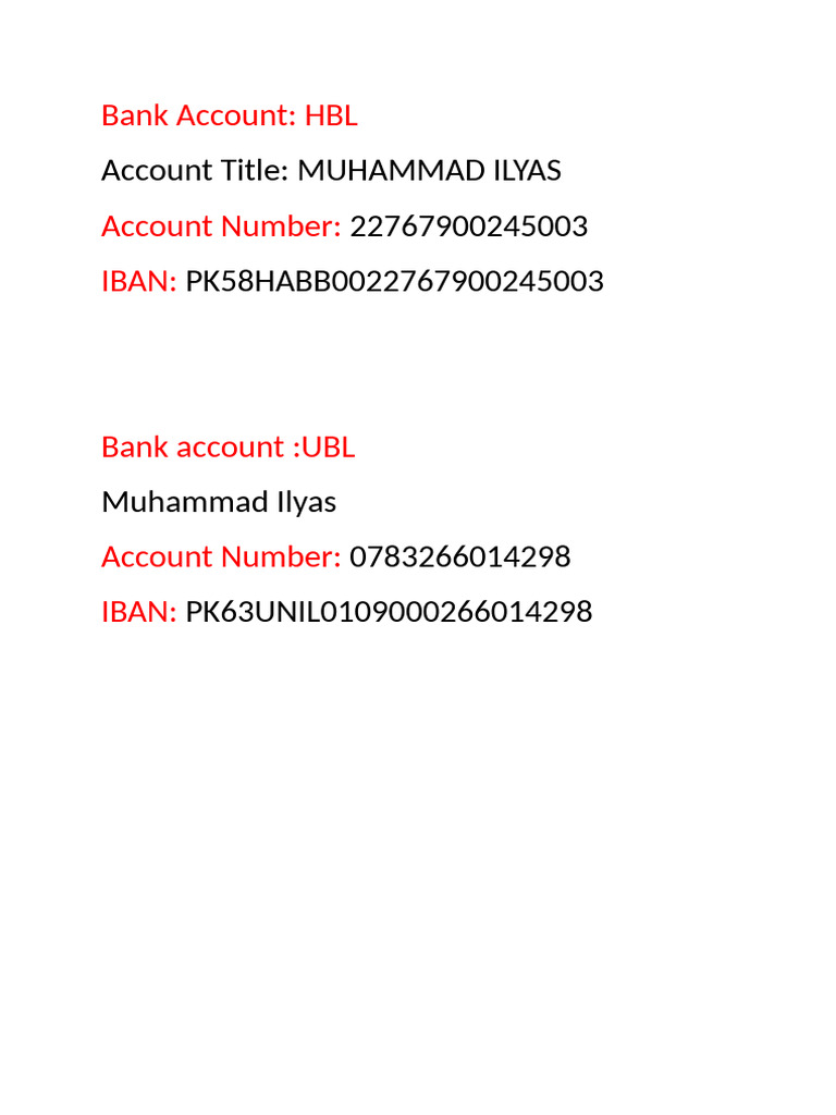 UBL Bank Account and IBAN Details | PDF