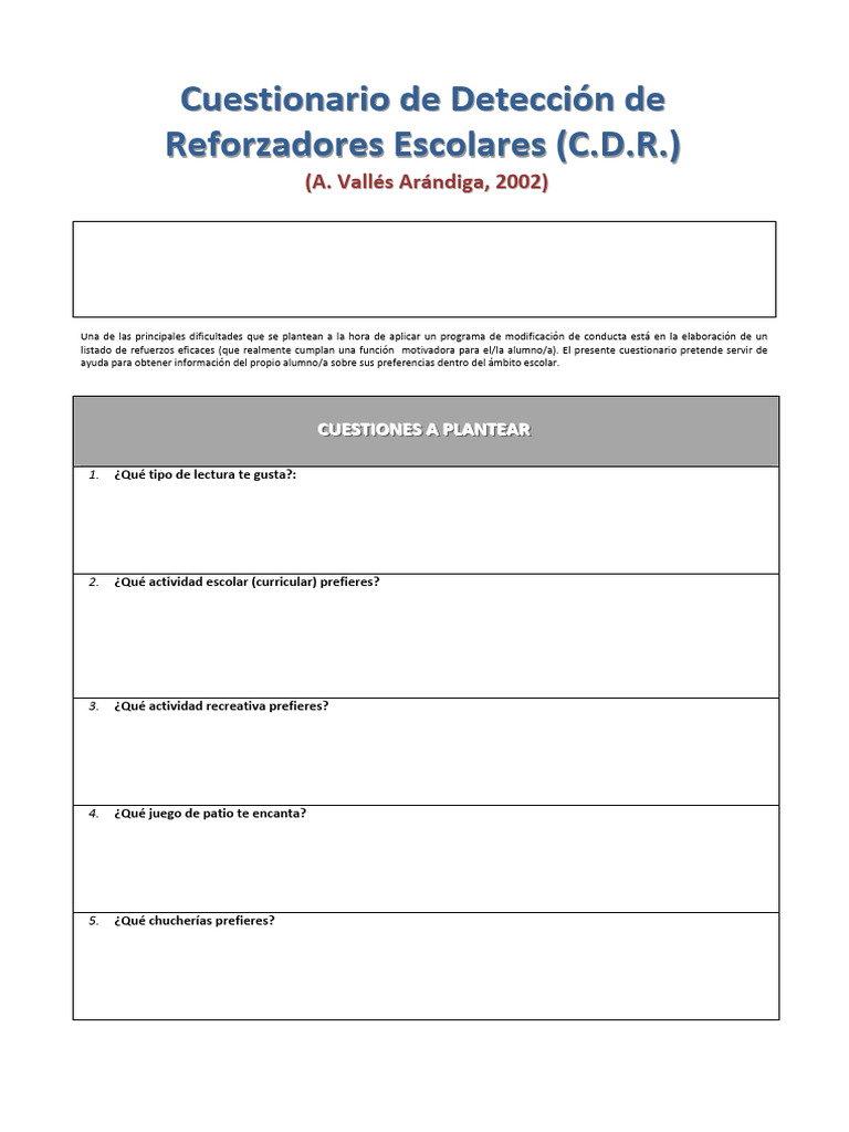Cuestionario de Deteccion de Reforzadores Escolares (CDR) | PDF