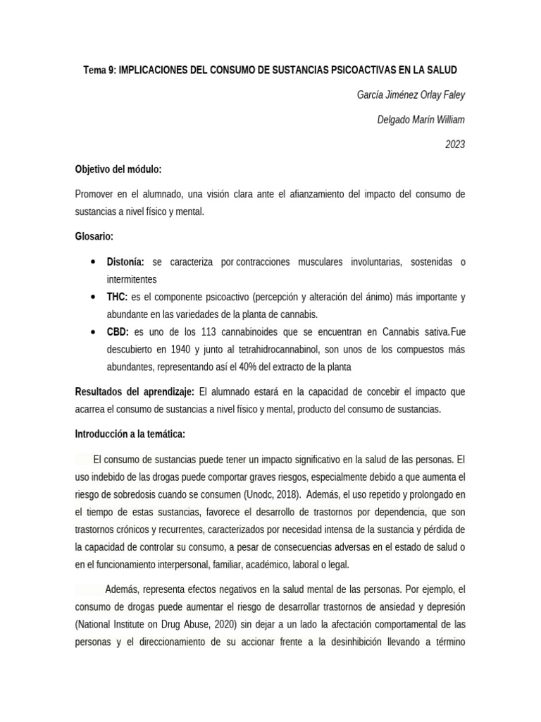 Tema 9. Implicaciones Del Consumo de Sustencias Psicoactivas en La Salud. | PDF | La dependencia ...