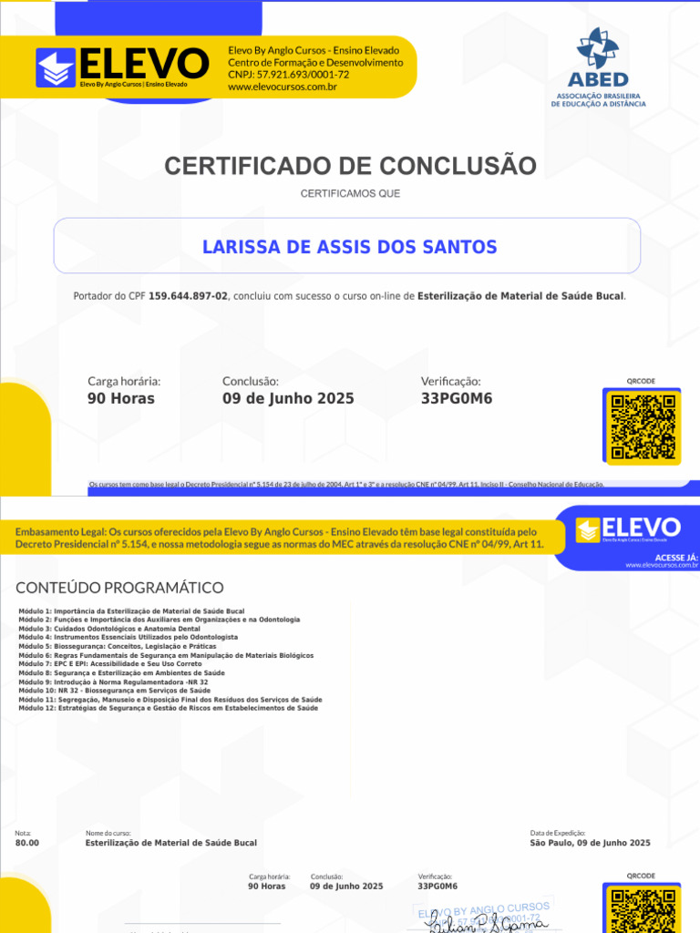 Certificado de Esterilização Odontológica | PDF