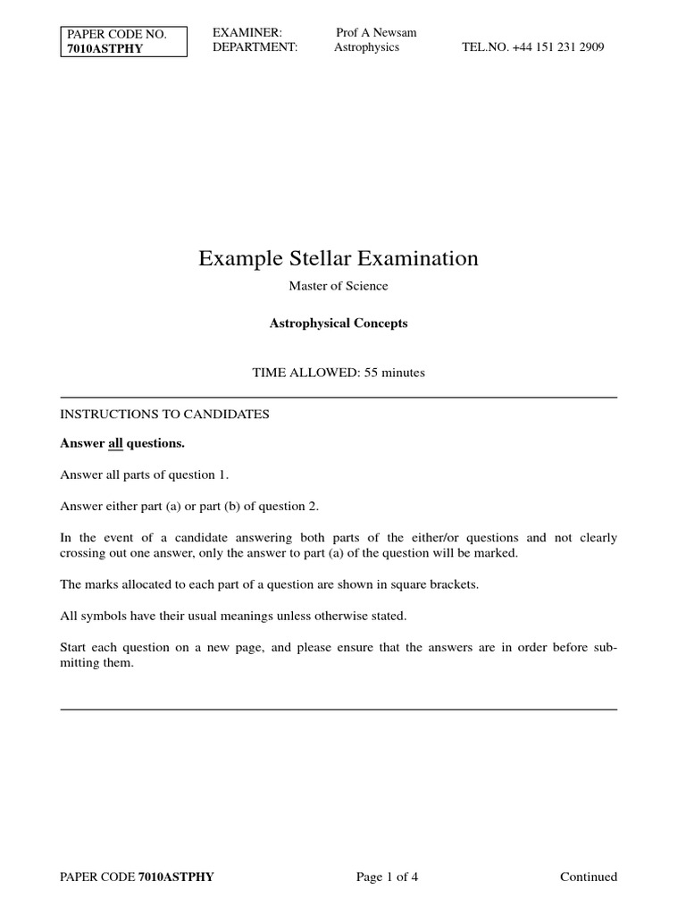 AstroConcepts Exam Example Stellar | PDF | Stars | Electronvolt