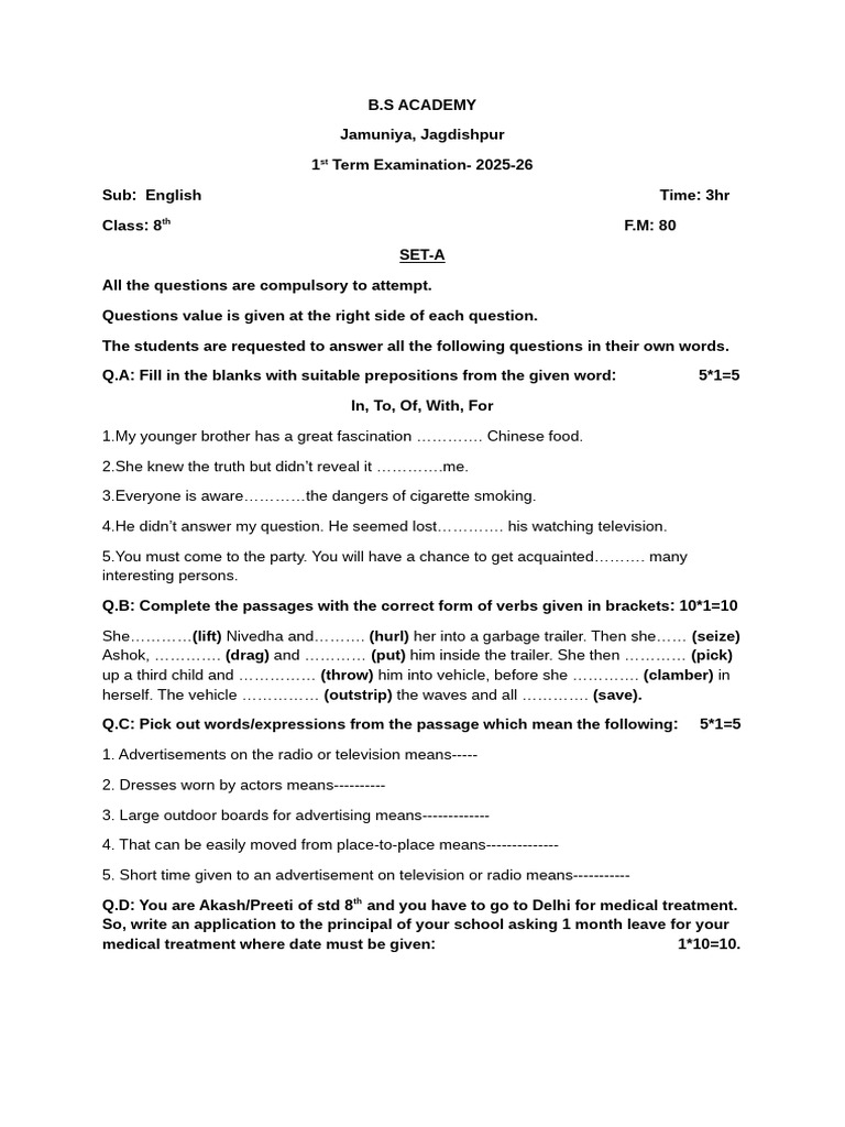 Class 8th-Set-A (BS Academy) | PDF | Linguistics | Syntax