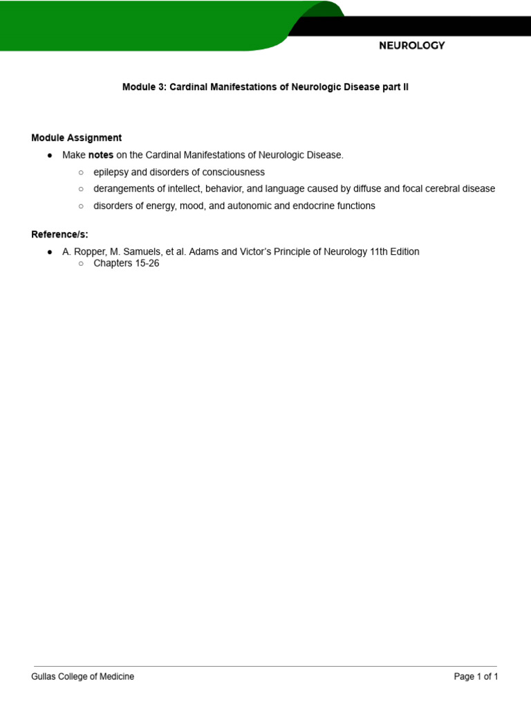 Cardinal Manifestations of Neurologic Disease | PDF