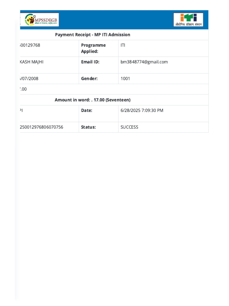 ITI Fees Payment Receipt | PDF