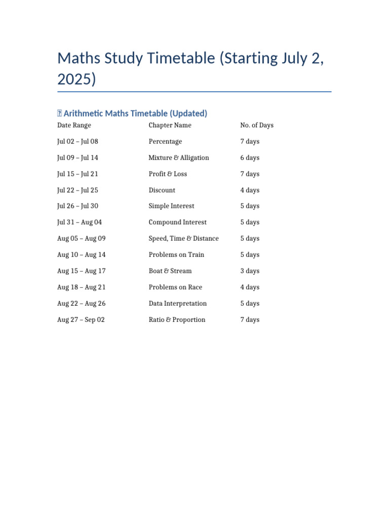 Maths Study Timetable 2025 | PDF