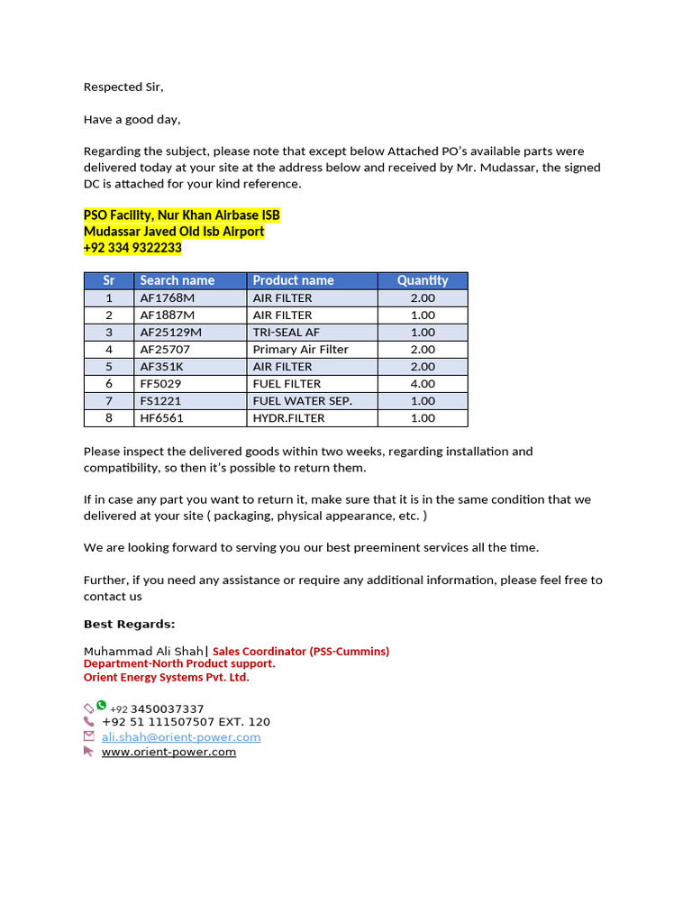 Delivery Confirmation and Inspection Notice | PDF