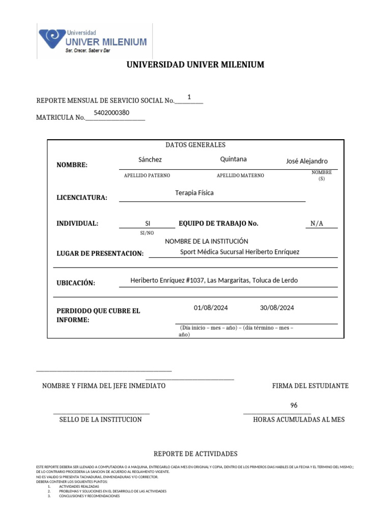 Reporte Mensual Agosto Alejandro | PDF