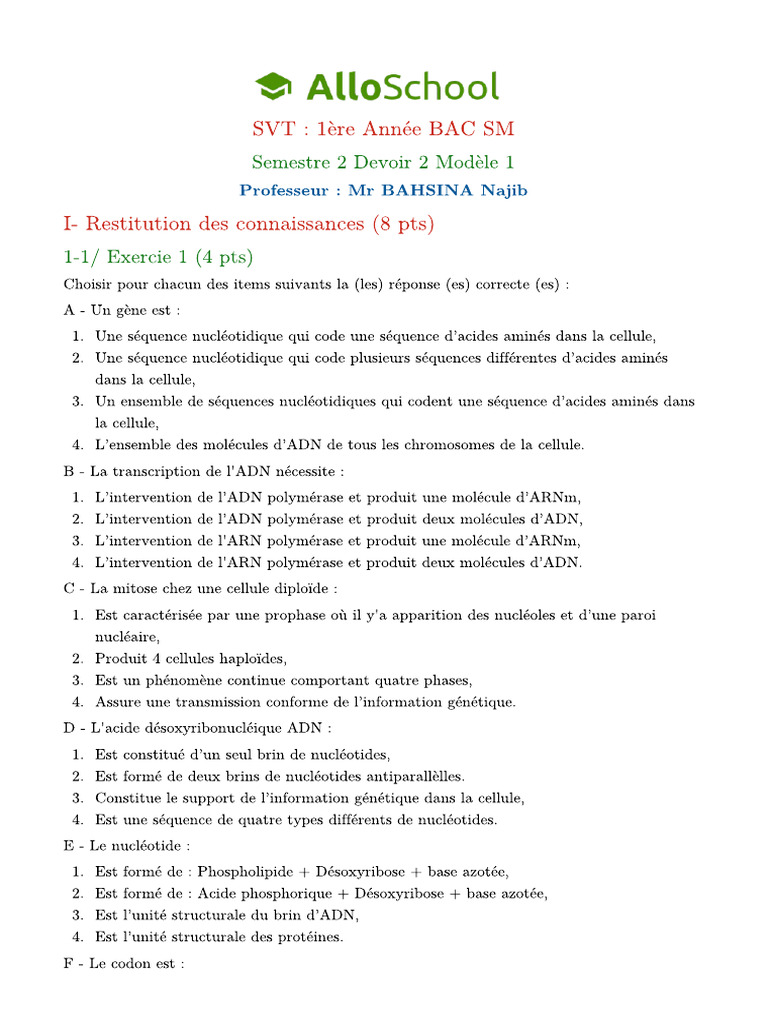 SVT 1bac SM Semestre 2 Devoir 2 Modele 1 1 | PDF