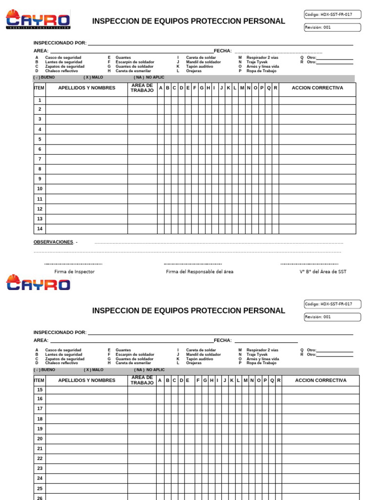 Formato Inspeccion EPP CIC SST FR 000 | PDF
