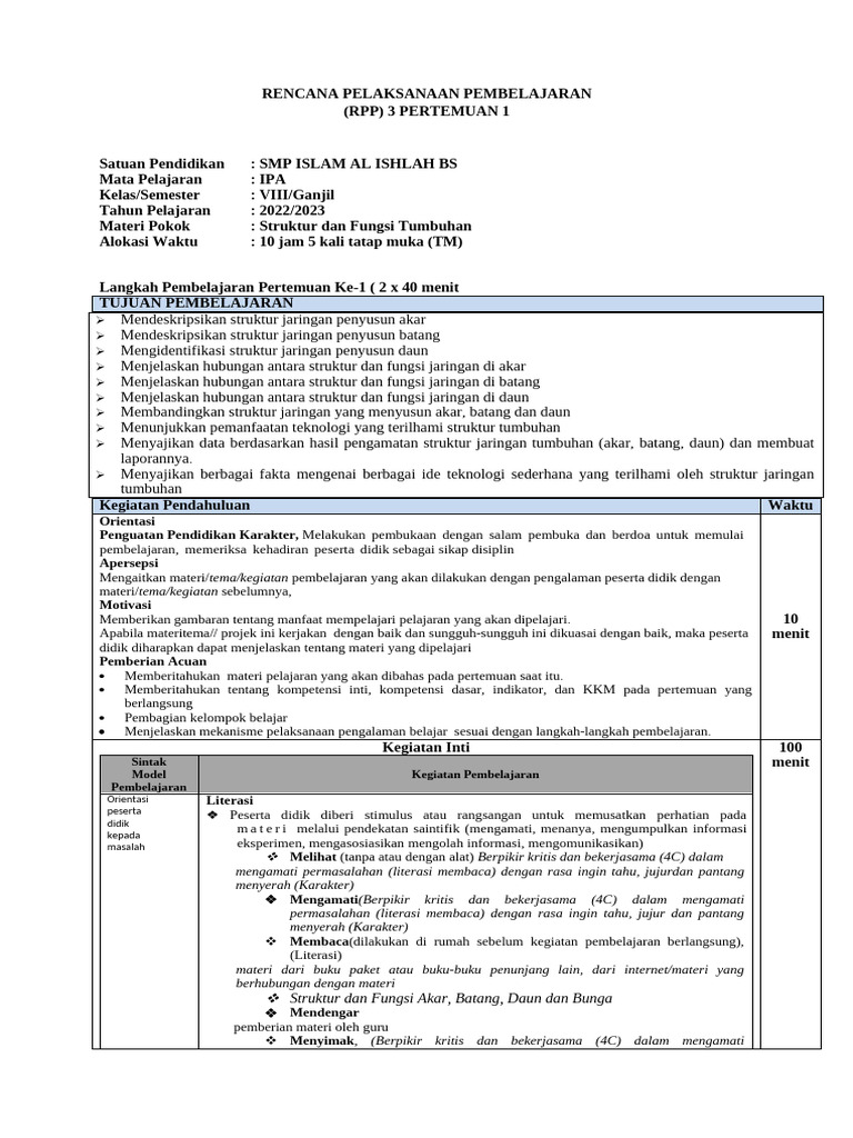 10. RPP 3 Struktur Dan Fungsi Tumbuhan | PDF