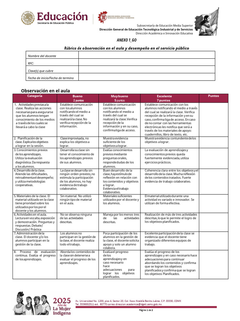ANEXO 1 - GO Rubrica para La Guia de Oobservacion en El Aula y Desempeño en La Funcion Publica ...