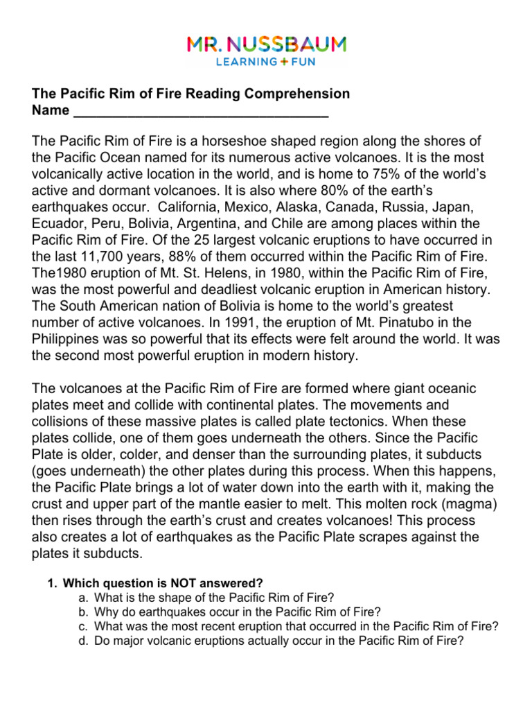 Reading Comprehension Ring of Fire | PDF | Volcano | Plate Tectonics
