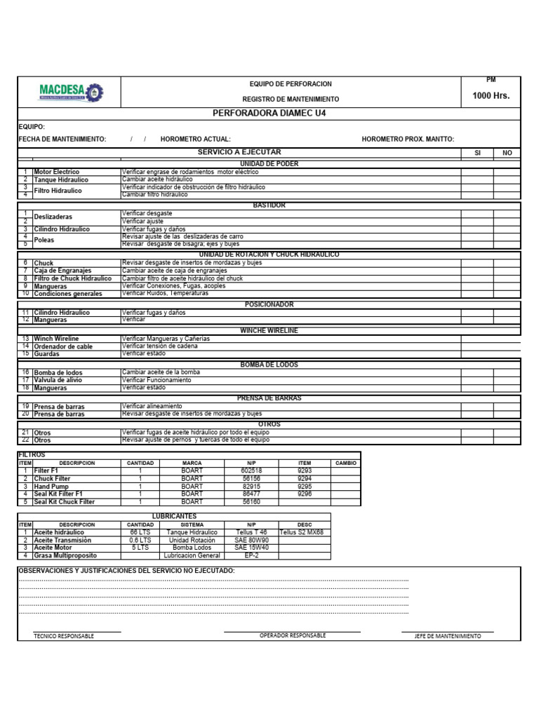 Cartilla de Mantto Perforadora Diamec U4 | PDF | Máquinas | Bienes manufacturados