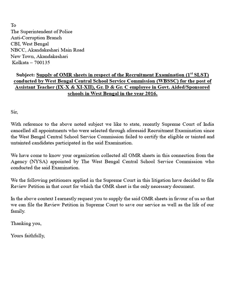 Letter To CBI Regarding Publication of All OMR Sheets | PDF