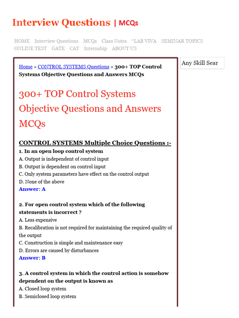 Control Systems Objective Questions and Answers MCQs 2024 | PDF ...