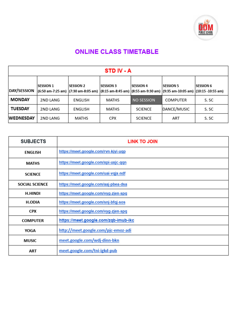 STD IV - (Mon-Wed) - 2025-26 - Online Class Timetable | PDF