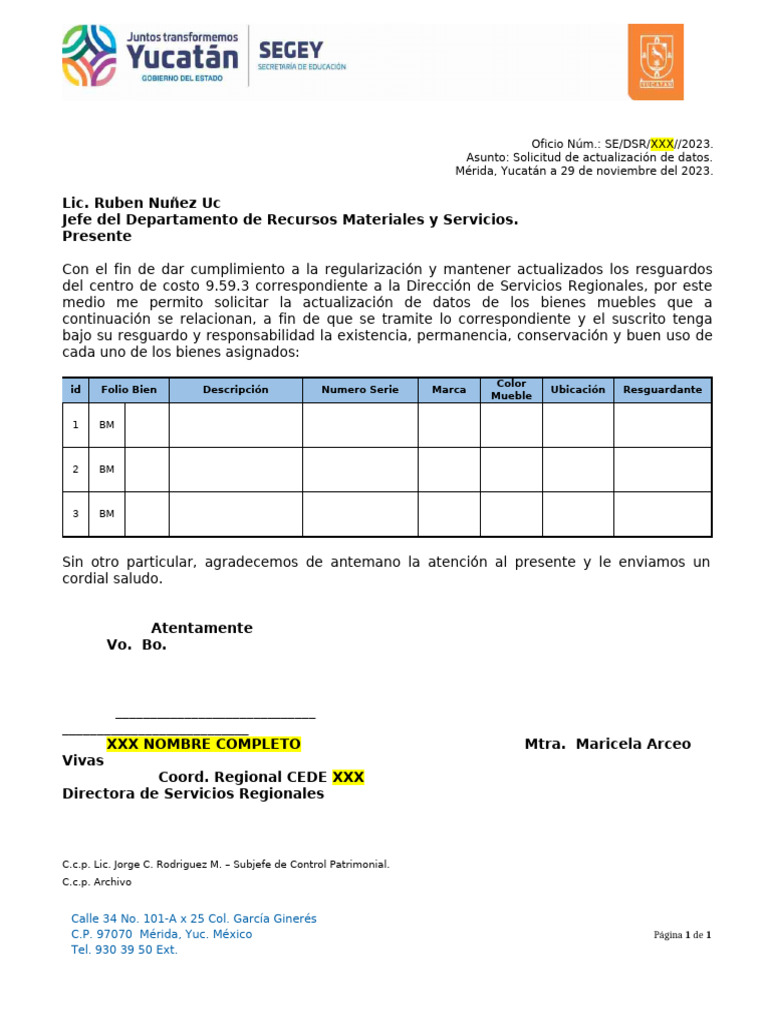 Formato Oficio Actualizaciòn Bienes | PDF