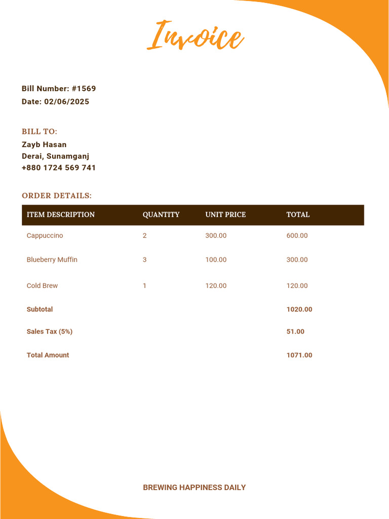 Brown and Yellow Minimal Cafe Business Invoice | PDF