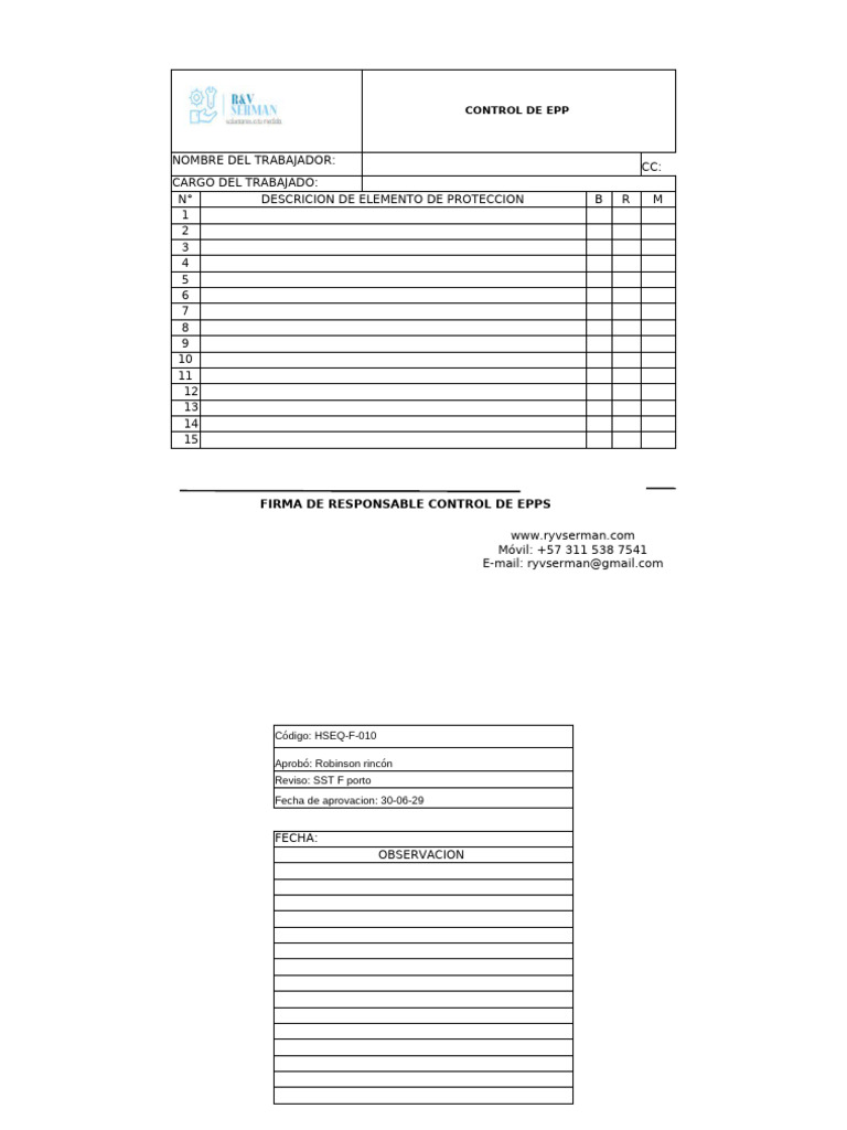 HSEQ-F-010 Formato Control de EPP | PDF