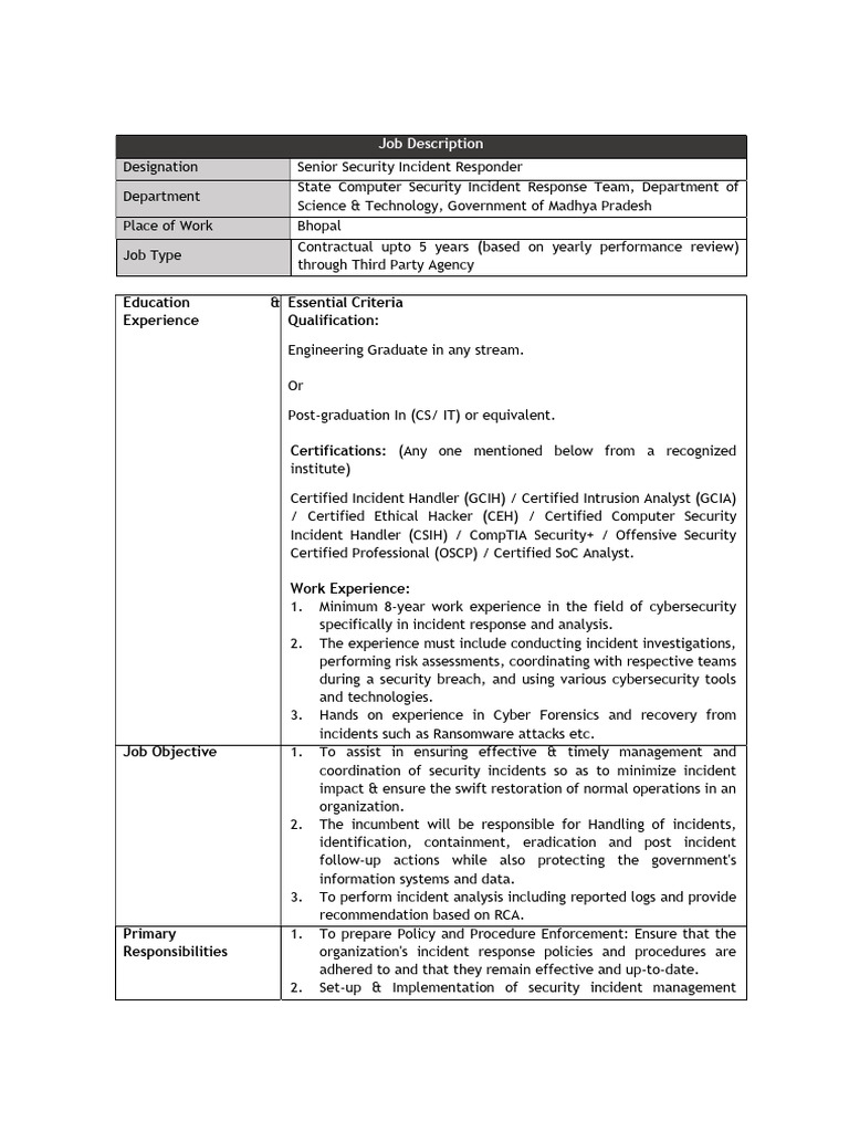 Senior Security Incident Responder Role | PDF | Computer Security ...