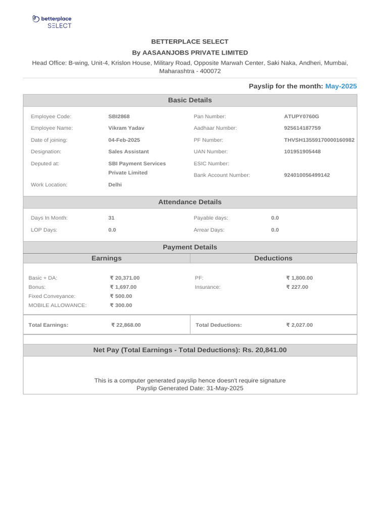 Payslip May-2025 | PDF