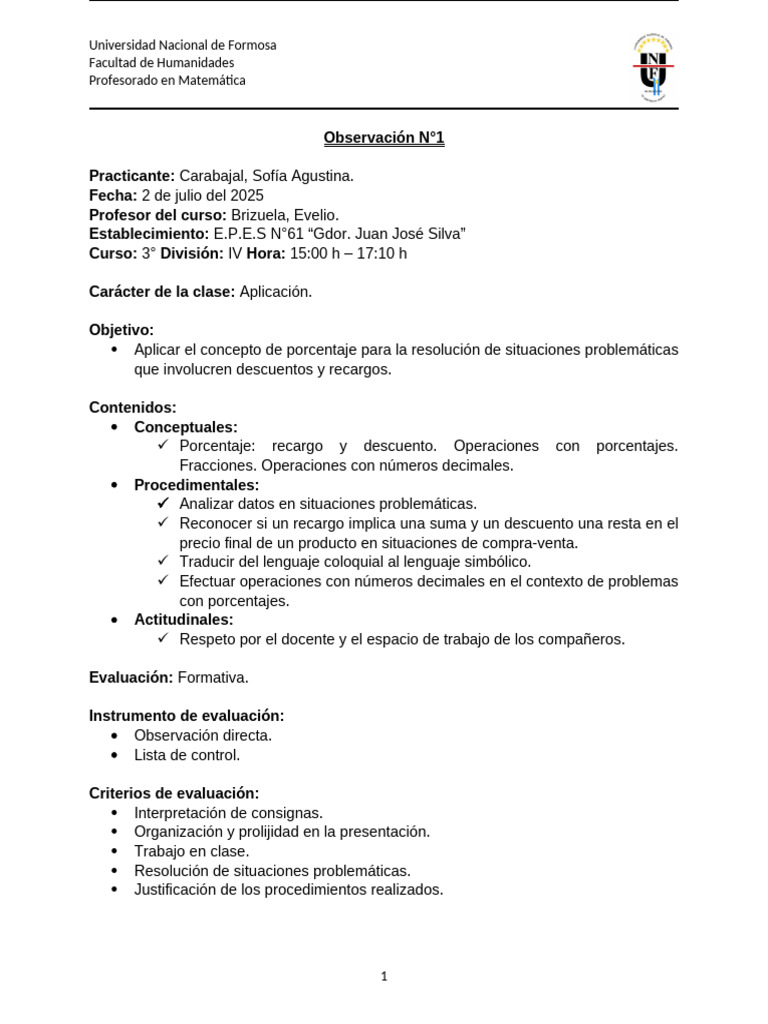 Observación N°1 E.P.E.S N°61 | PDF | Maestros | Salón de clases