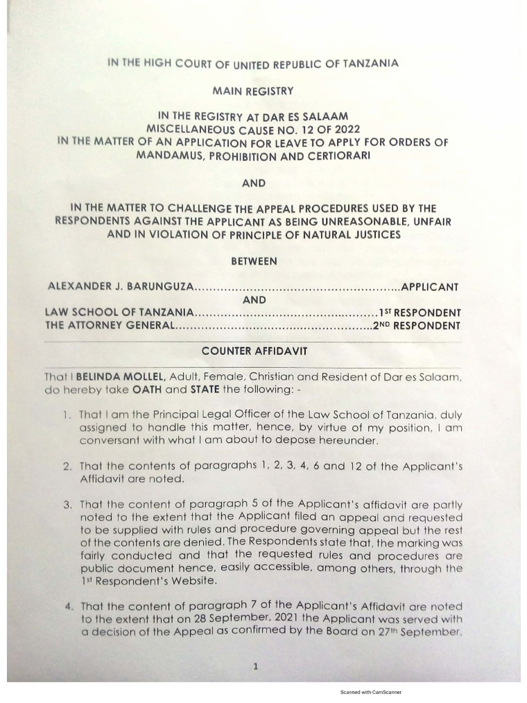 Barunguza v. Law School, Judicial Review, Counter Affidavit, Statement ...