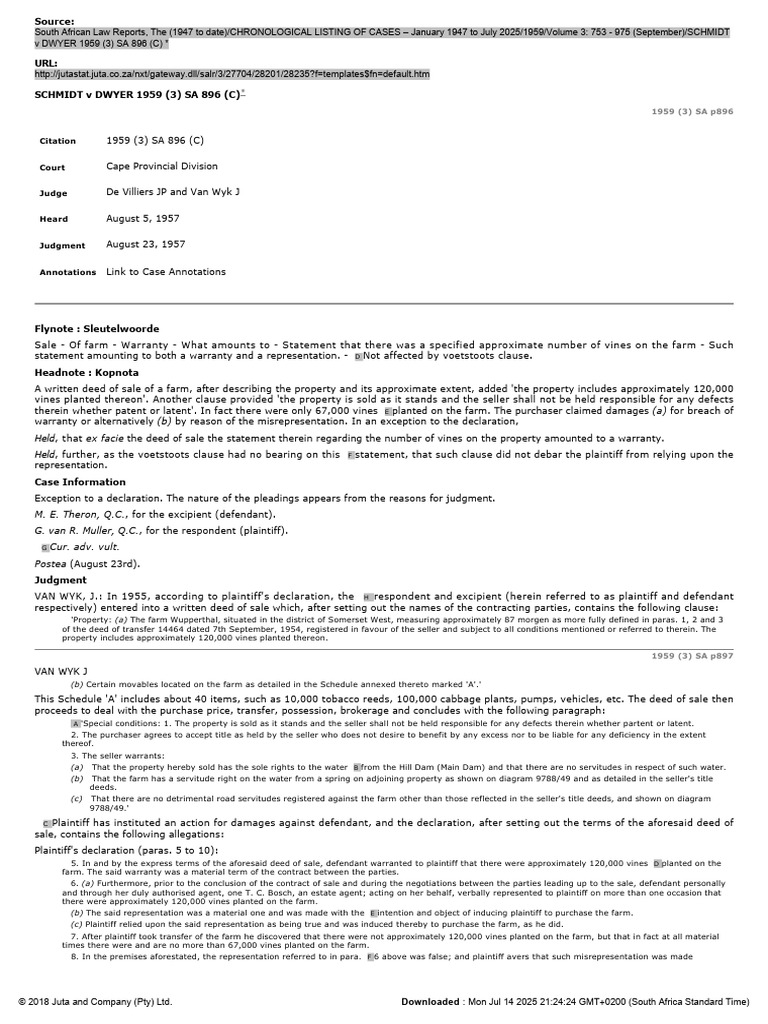 SCHMIDT V DWYER 1959 (3) SA 896 (C) | PDF | Private Law | Common Law