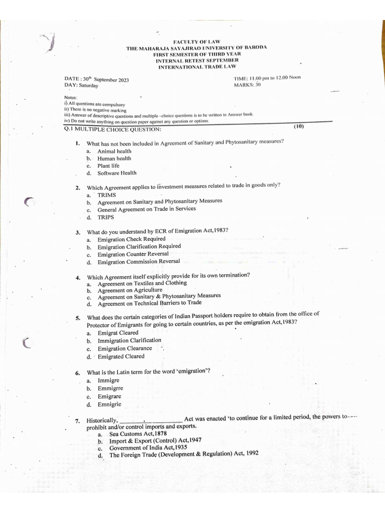 MSU Previous Year Question Papers For Law (Paper: ITL) | PDF