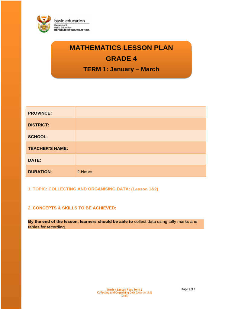 Grade 4 Term 1 Data Handling Lesson 1&2 | PDF | Learning | Homework