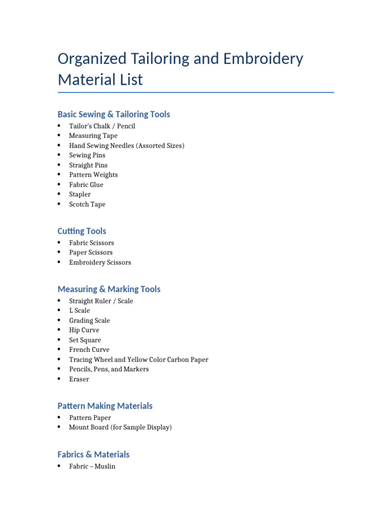 Tailoring and Embroidery Material List | PDF