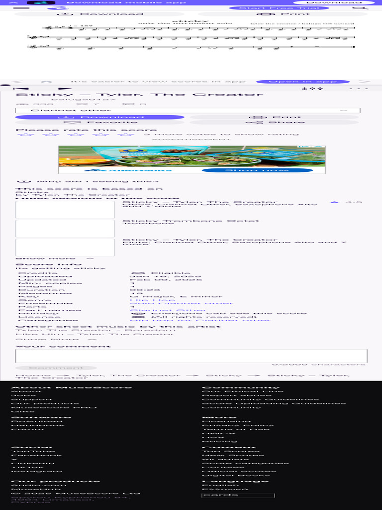 Sticky - Tyler, The Creator Sheet Music For Clarinet Other (Solo) | PDF | Saxophone | Woodwind ...