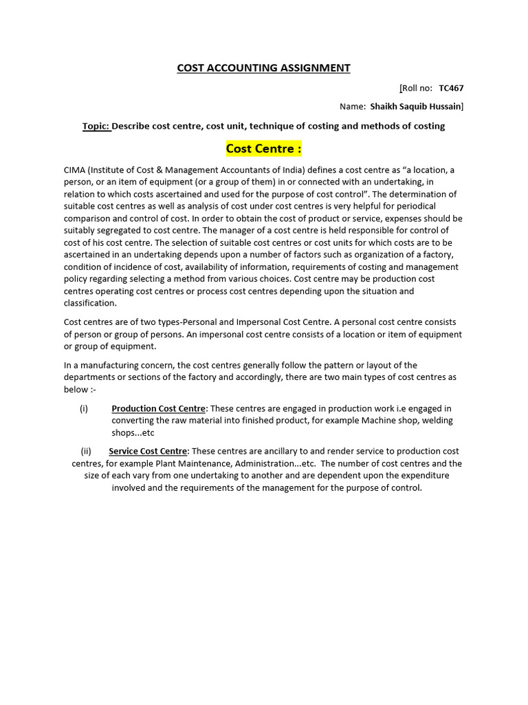 Cost Centre vs Cost Unit Explained | PDF | Cost Accounting | Budget