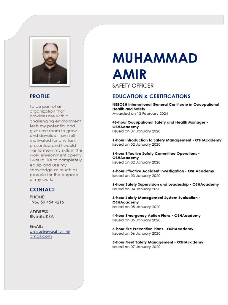 M Aamir CV - Safety Officer | PDF | Occupational Safety And Health | Safety