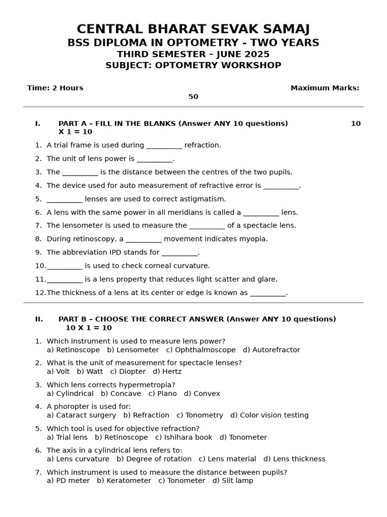 Dopt - Third Semister - Optometry Workshop | PDF | Eye | Vision