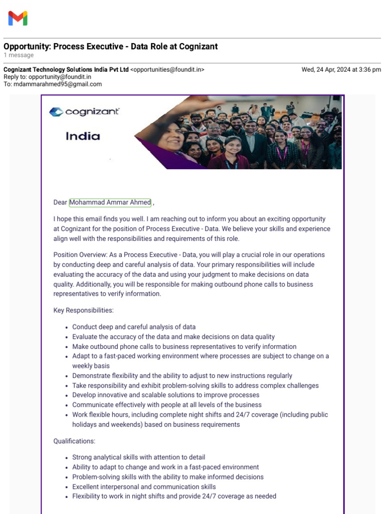 Gmail - Opportunity - Process Executive - Data Role at Cognizant | PDF