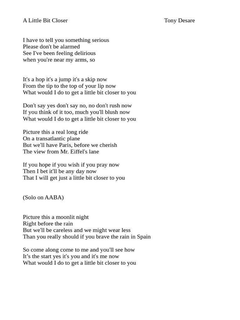 A Little Bit Closer Lyrics | PDF