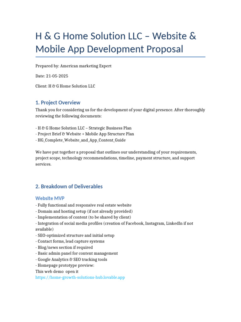 H & G Home Solution Digital Proposal | PDF | Websites | Mobile App