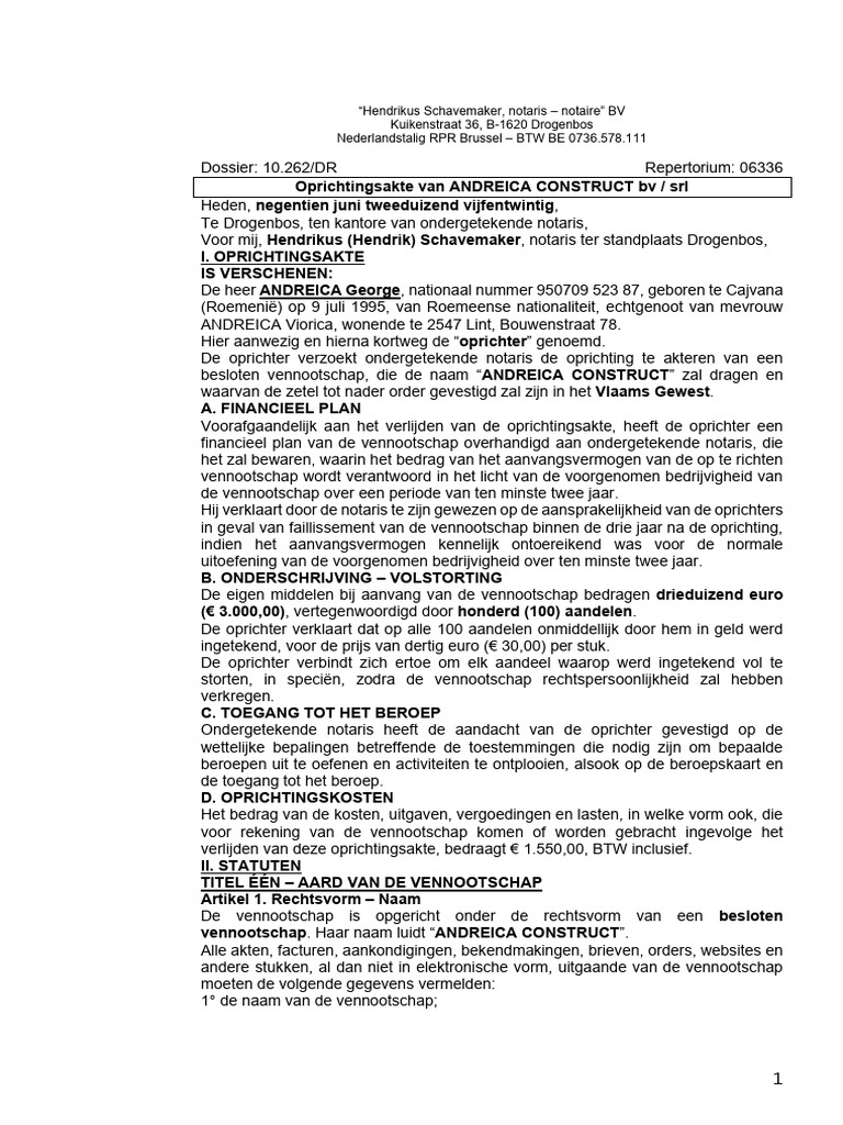 Uitgifte Oprichtingsakte ANDREICA CONSTRUCT BV 19 06 2025 | PDF