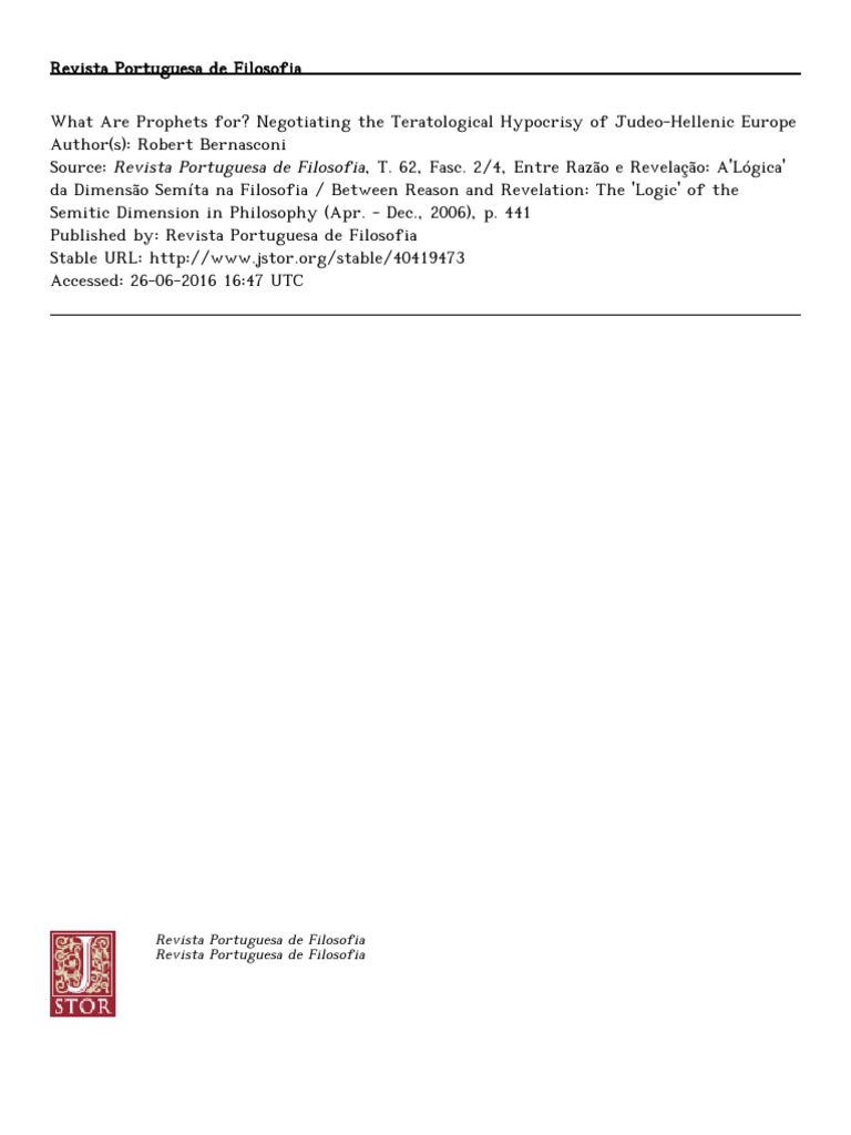 Robert Bernasconi, What Are Prophets For? Negotiating The Teratological ...