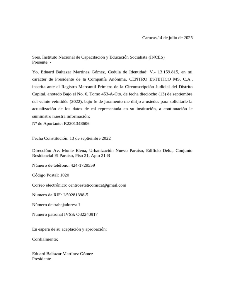 Carta INCE ACTUALIZACION CARGIL | PDF
