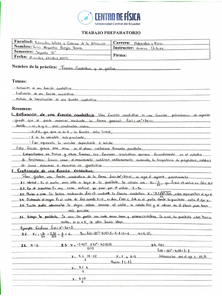 P2 - Burgos - Rosa - Función Cuadrática y Su Gráfica. | PDF