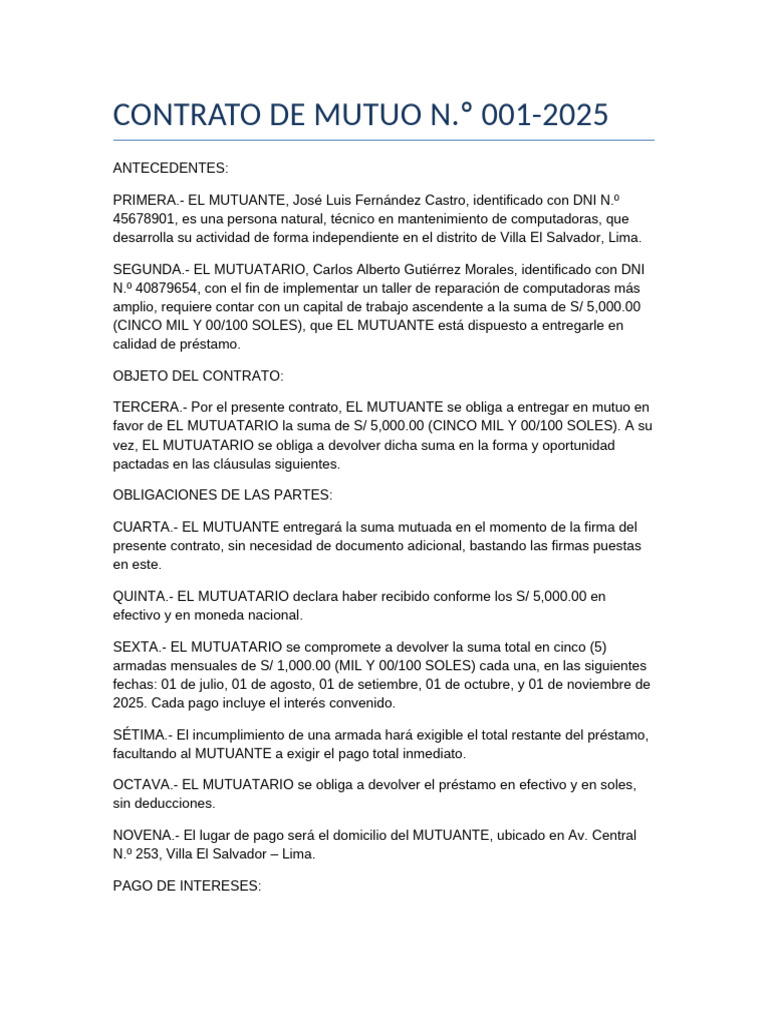 Contrato Mutuo 001 | PDF