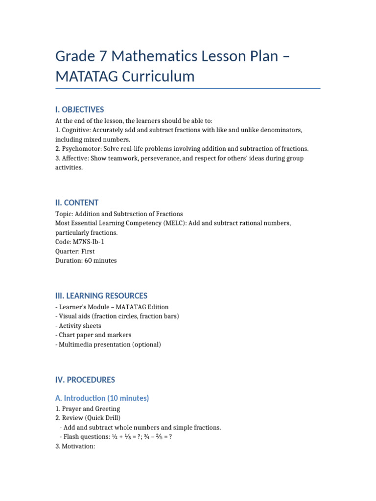 G7 Math LessonPlan AddSubFractions MATATAG | PDF | Cognition | Learning